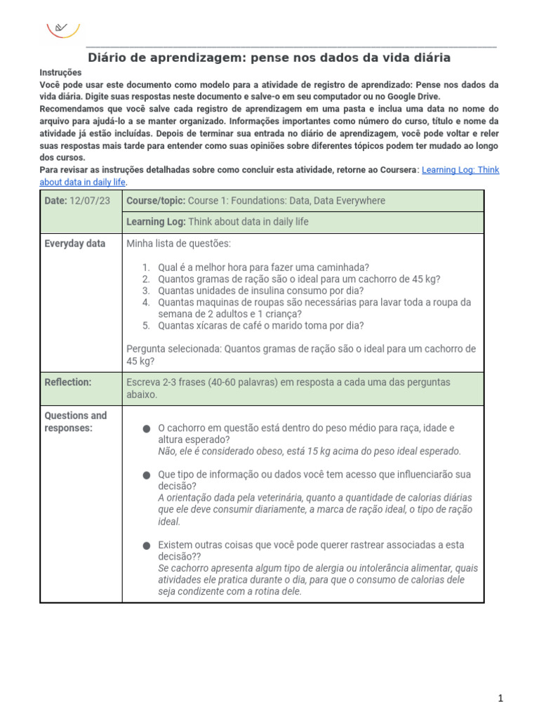 Example - Learning Log - Think About Data in Daily Life | PDF