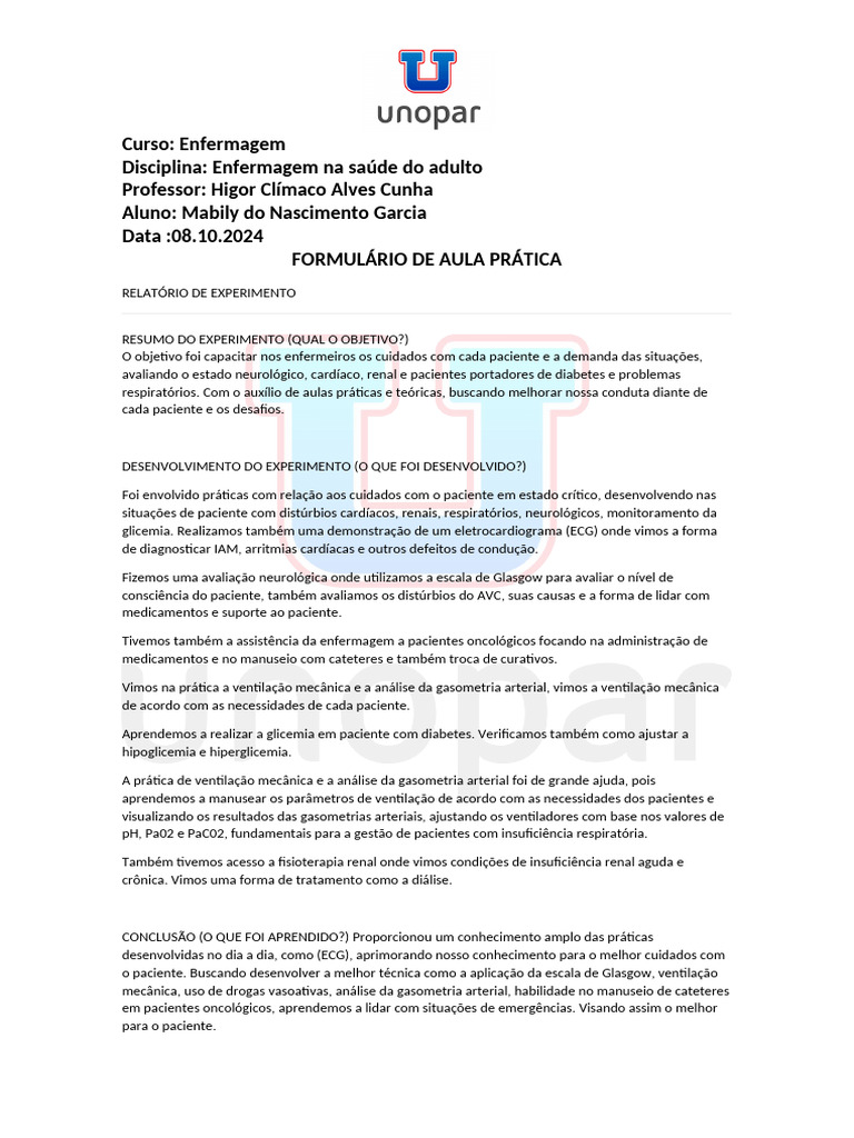 Higo2 Formulário de Aula Pratica OBRIGATORIO | PDF | Enfermagem ...