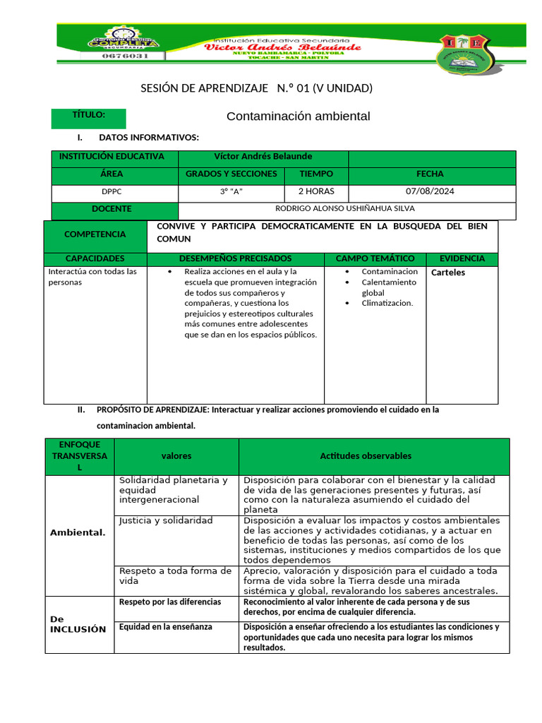 SESIÓN DE APRENDIZAJE N 01 DPCC RODRIGO UNIDAD 5 | PDF