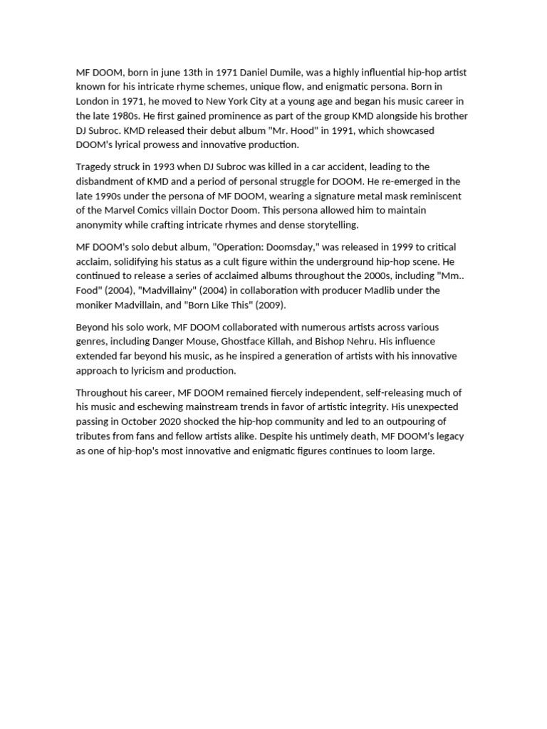 MF DOOM Biography | PDF