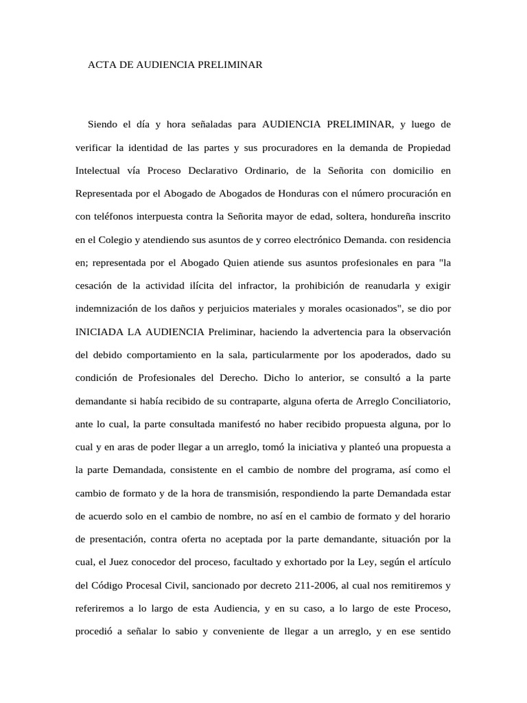 Acta de Audiencia Preliminar | PDF | Demanda judicial | Daños y perjuicios