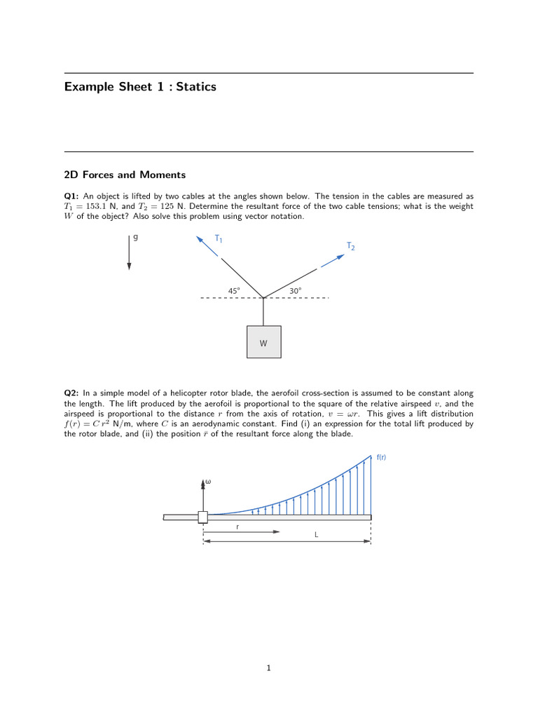 CADE10003 - EngSci A - Mechanics - Example Sheet 1 | PDF