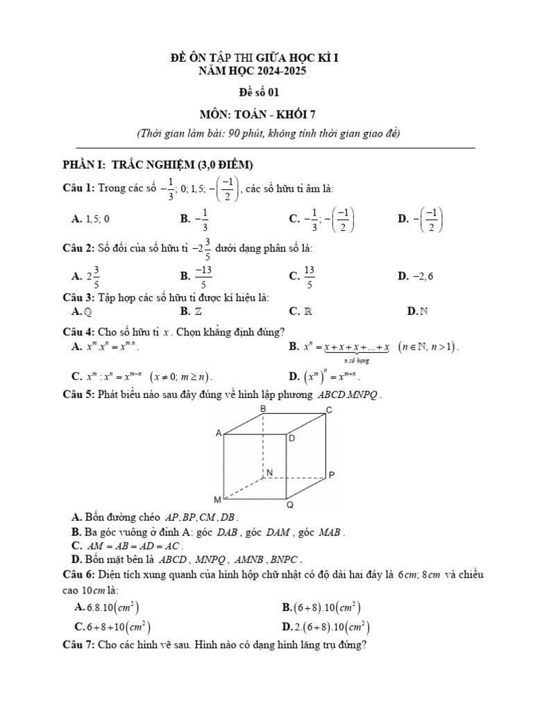 Đề ôn GKI Toán 7 | PDF