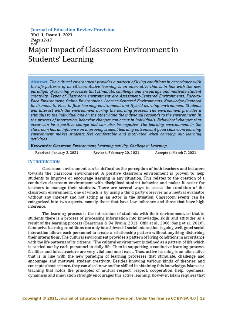 Major Impact of Classroom Environment in Students | PDF
