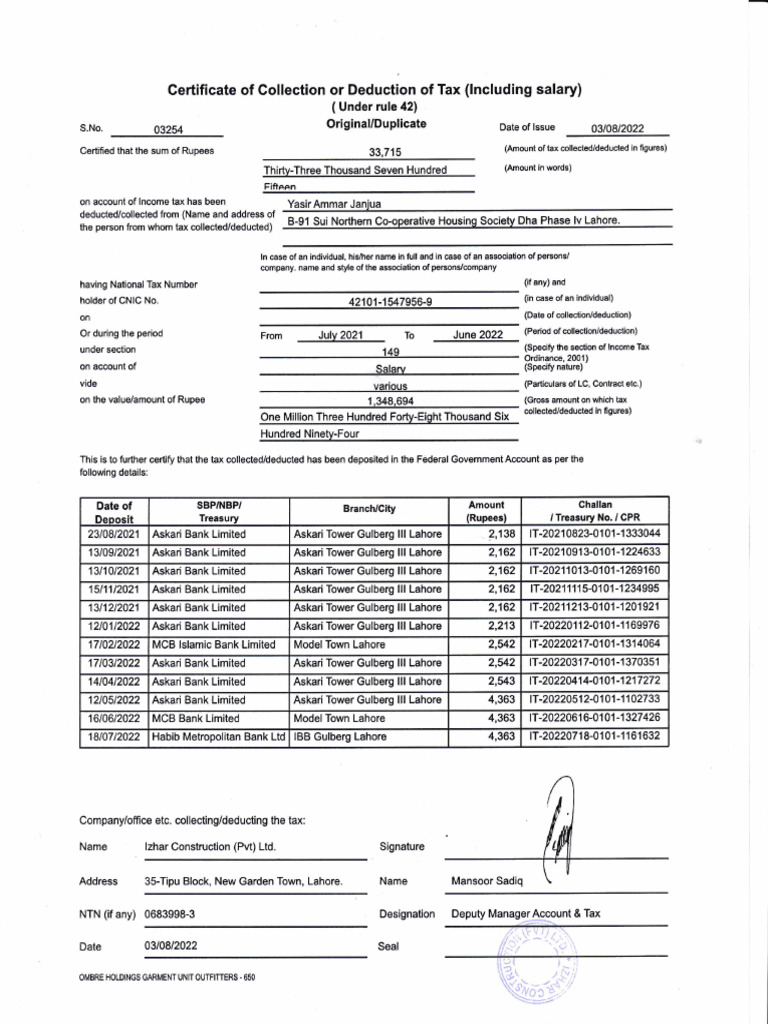 01 - TAX Deduction Certificate (2022) - 1 | PDF | Public Finance | Payments