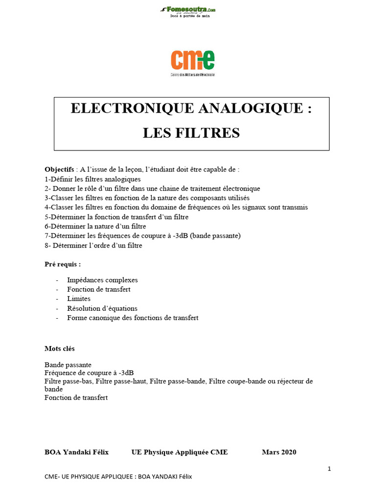 Cours Electronique Analogique - Filtrage | PDF