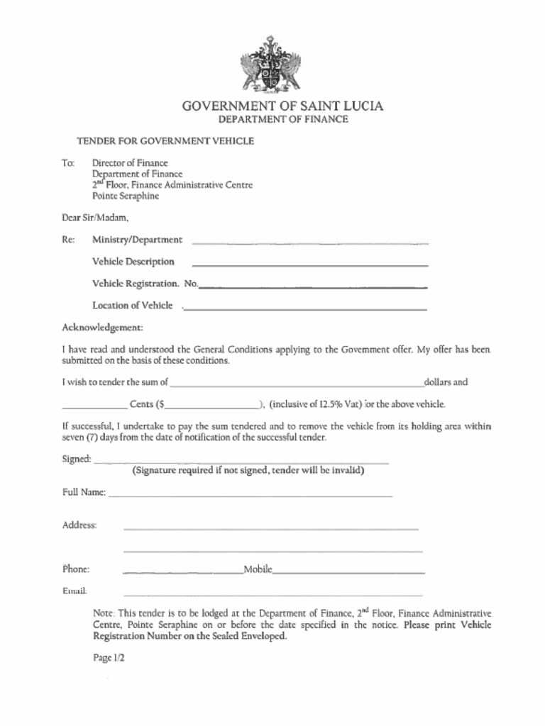Tender Form (For Sale of Vehicle) | PDF