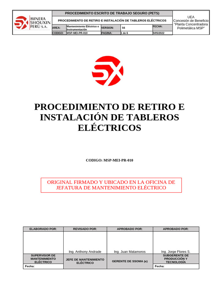 Msp-Mei-Pr-010 Procedimiento de Retiro e Instalación de Tableros Eléctricos | PDF