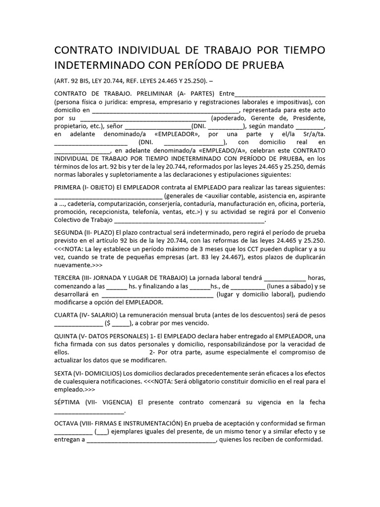 Contrato Individual de Trabajo Por Tiempo Indeterminado Con Período de Prueba | PDF
