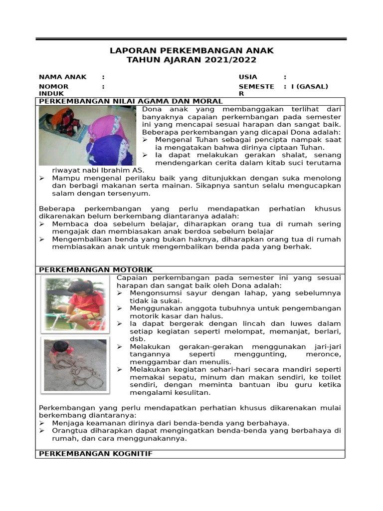 6 CONTOH RAPORT PAUD Atau LAPORAN SEMESTER | PDF