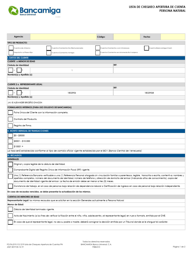 FO - PA - .019.V15.1219-Lista-de-Chequeo-Apertura-de-Cuenta-PN PLANILLA BANCA AMIGA | PDF