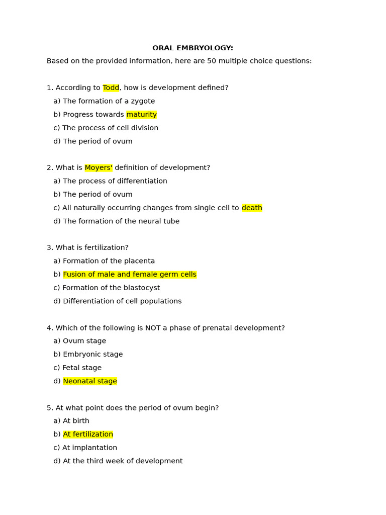 Oral Embryology Questions | PDF | Anatomy | Developmental Biology