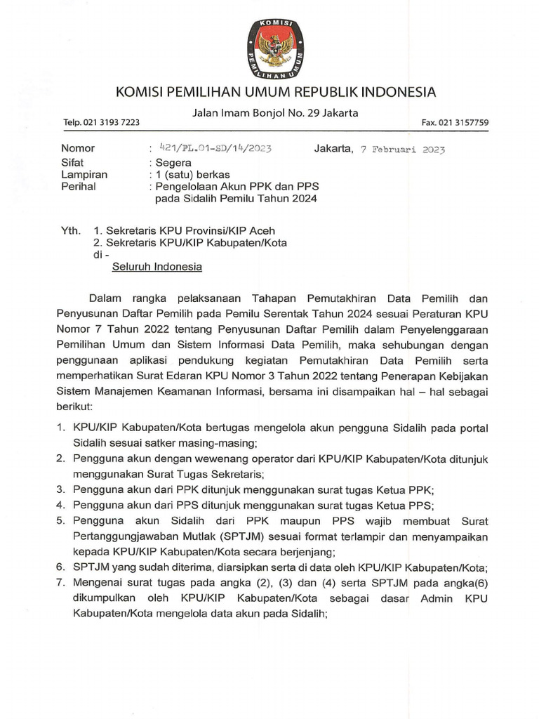421 - SD Sekjen - Pengelolaan Akun PPK Dan PPS Pada Sidalih Pemilu ...