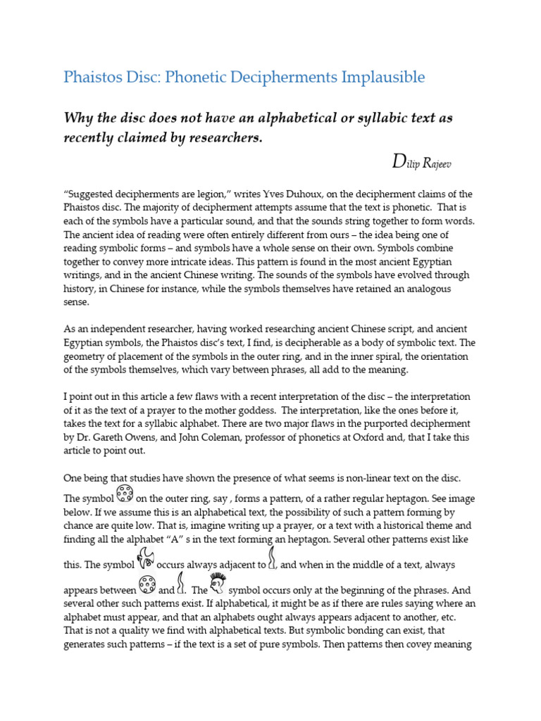 Phaistos Disc: Phonetic Decipherments Implausible | PDF | Egyptian Hieroglyphs | Writing