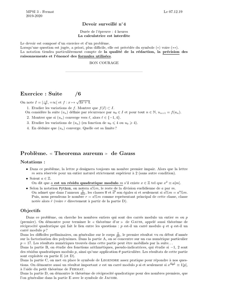 Exercice: Suite /6: Devoir Surveill en 4 | PDF