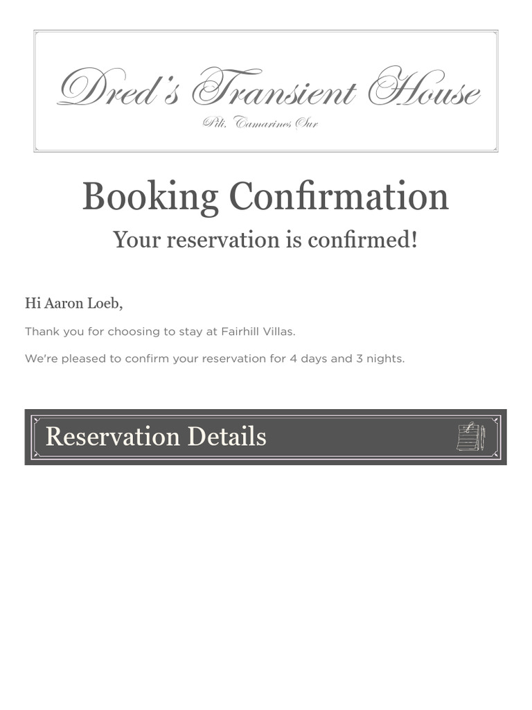 Hotel Reservation Confirmation Doc in Purple Cream Vintage Cinematica ...