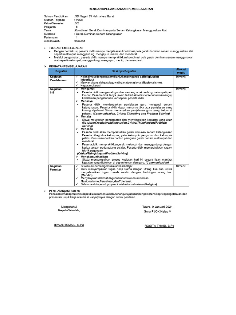 RPP PJOK Kelas 5 1 lembar | PDF