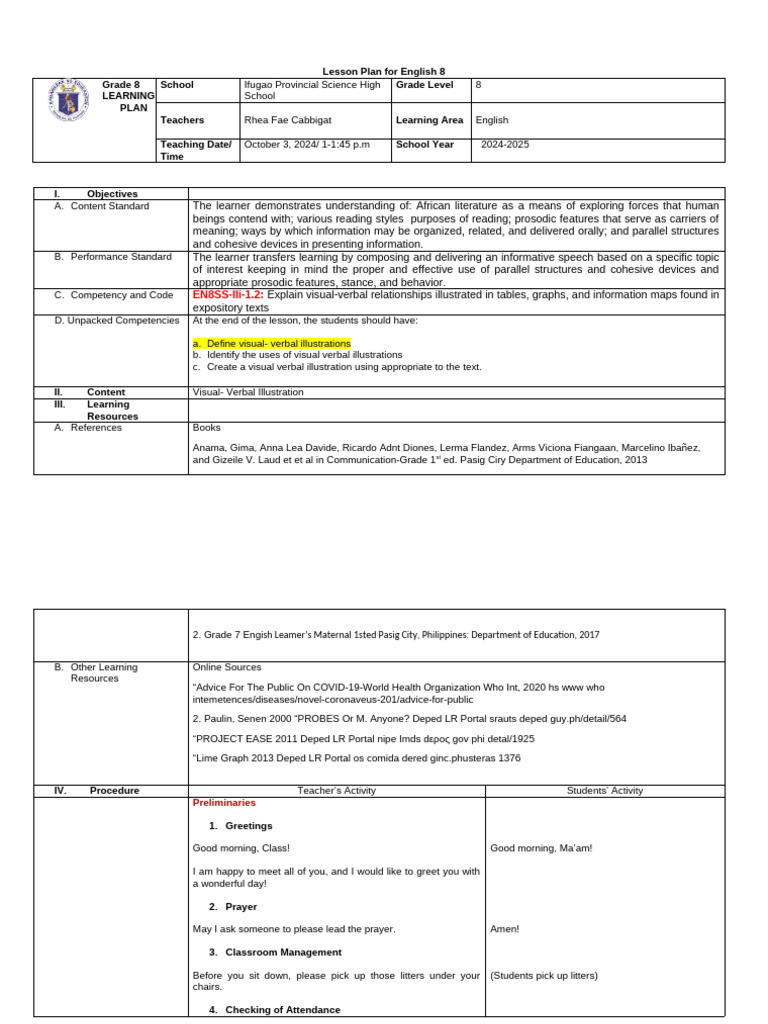 DLP 2-Grade 8 Verbal Visual Illustration | PDF
