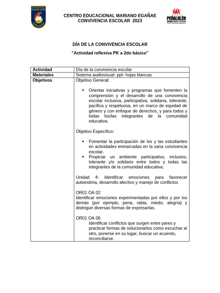 Día Convivencia Escolar Pk-2do Básico | PDF | Maestros | Crecimiento ...