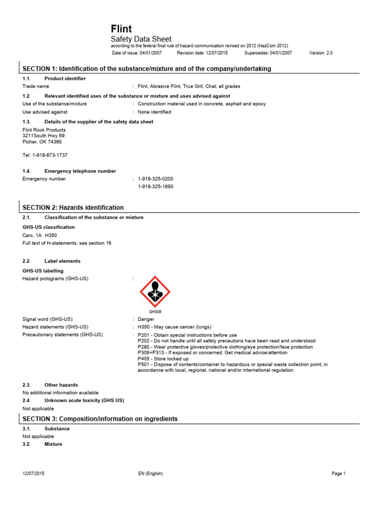 3 Flint Aggregate SDS 1806816 | PDF | Toxicity | Workplace