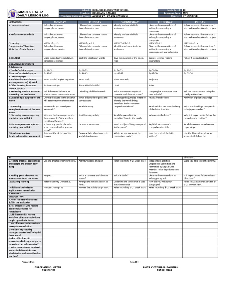 DLL - MTB 3 - Q1 - W5 | PDF