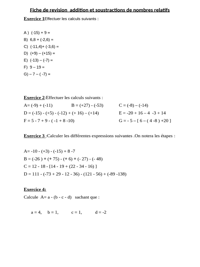 Fiche de Revision Addition Et Soustractions de Nombres Relatifs | PDF