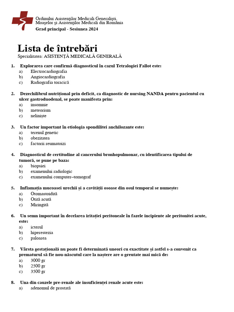 Examen Grad Principal 2024: Întrebări Grilă | PDF | Bacteria | Medical ...