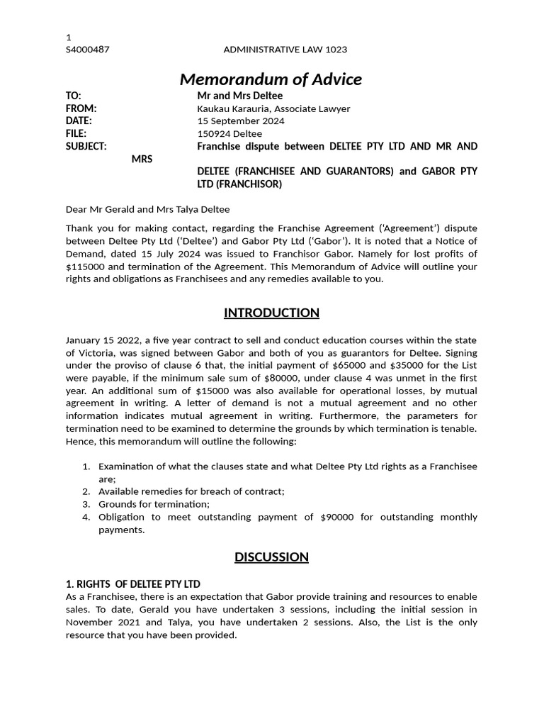 Memorandum of Advice Advanced Contract 2572 s4000487 | PDF