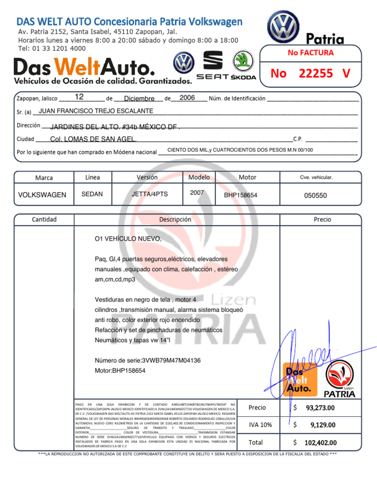 Factura Volkswagen | PDF