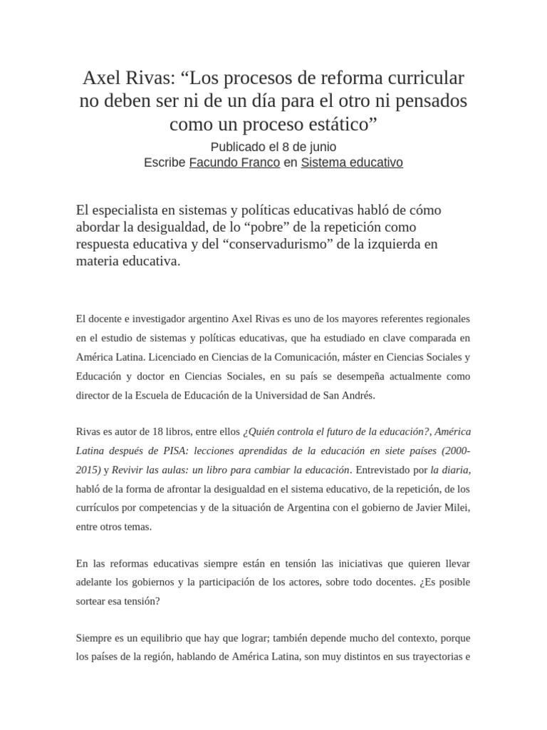 Axel Rivas Procesos de Reforma Curricular | PDF
