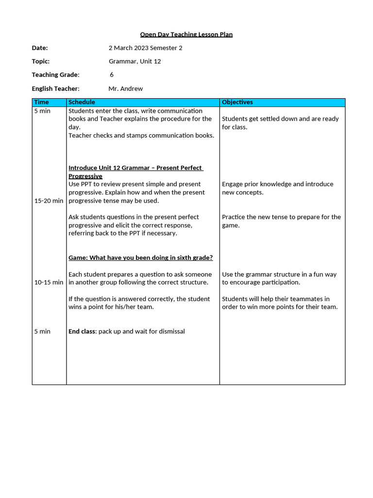 Andrew - G6 Open Day Teaching Lesson Plan - S2 2023 | PDF