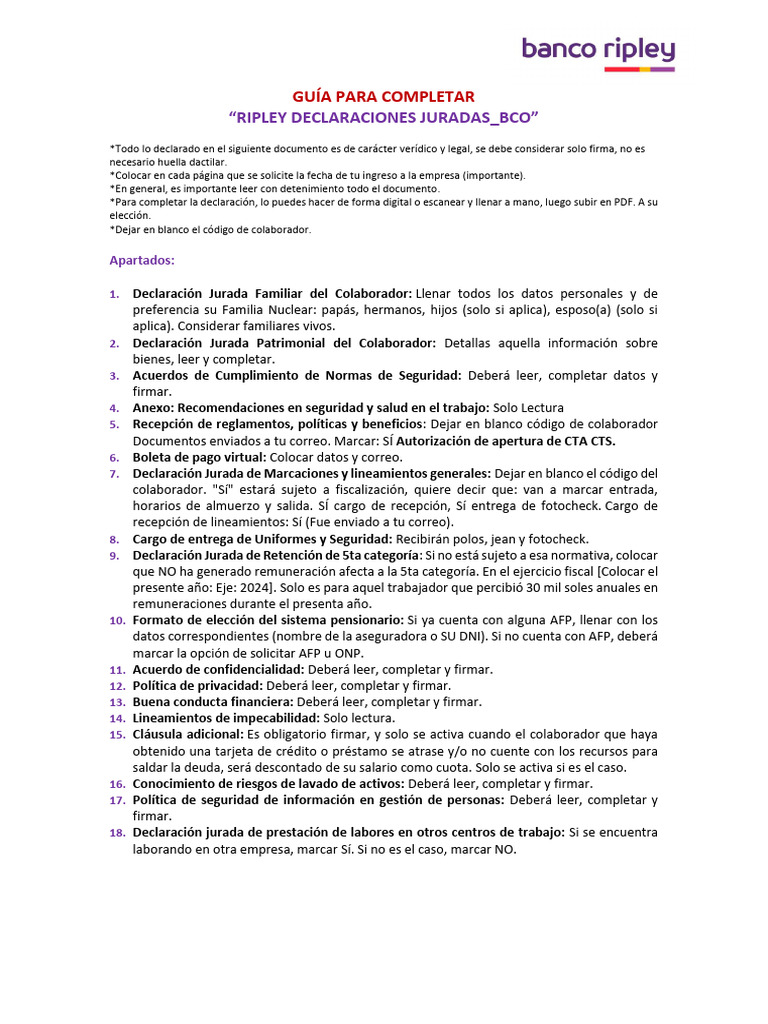 Guía para Completar - Ripley Declaraciones Juradas TDR | PDF