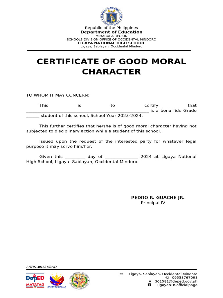 Certificate of Good Moral Character | PDF