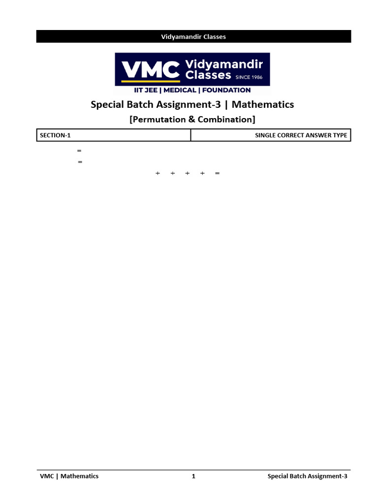 Special Batch Assignment-3 - Mathematics: (Permutation & Combination) | PDF