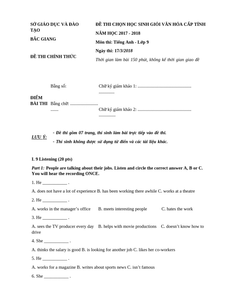 ĐỀ HSG ANH 9 BG | PDF