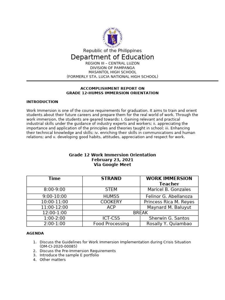 Accomplishment Report On Pre Immersion Orientation | PDF