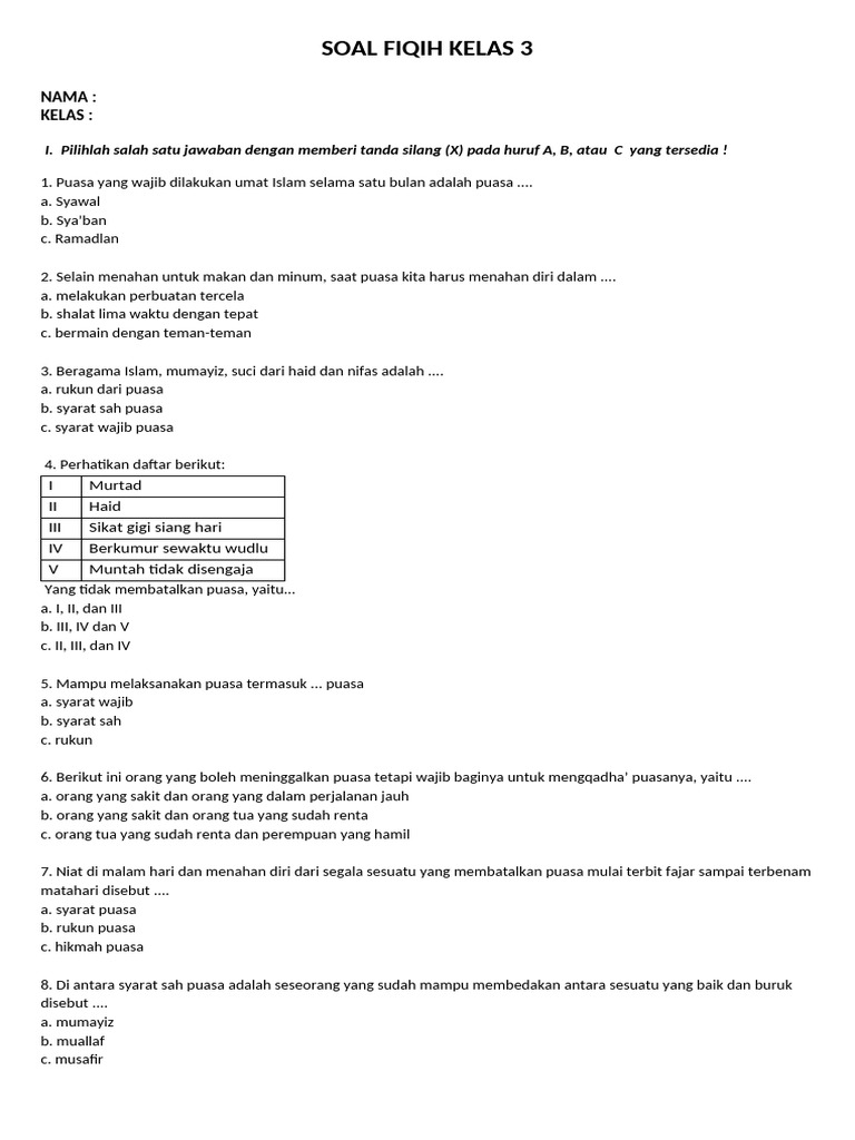 Soal Fiqih Kelas 3 | PDF