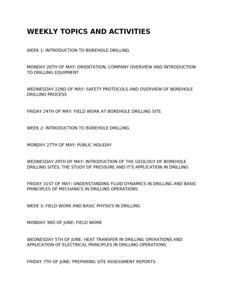 Weekly Topics and Activities Siwes | PDF