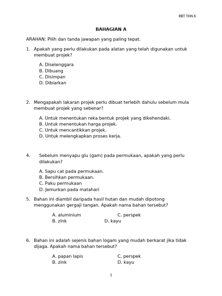 Soalan Peperiksaan RBT Mei 2016 - Tahun 6 SK PT Latiff | PDF