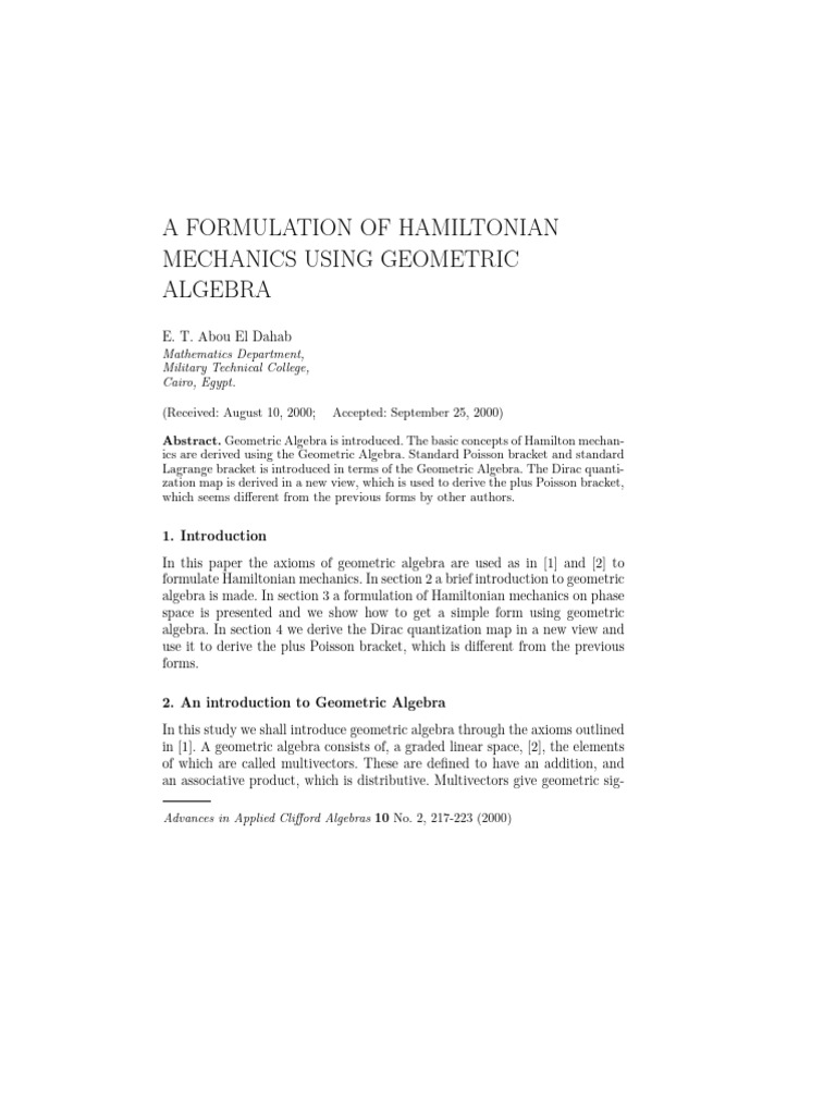 A Formulation of Hamiltonian Mechanics Using Geometric Algebra | PDF