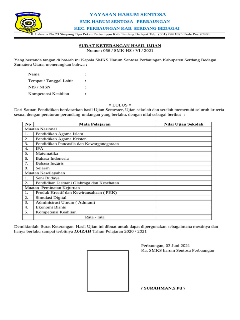 Surat Keterangan Hasil Ujian SMK 2021 | PDF