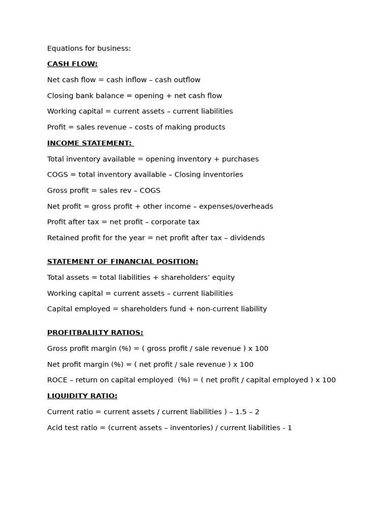 Business Equations Chapters 22-26 | PDF
