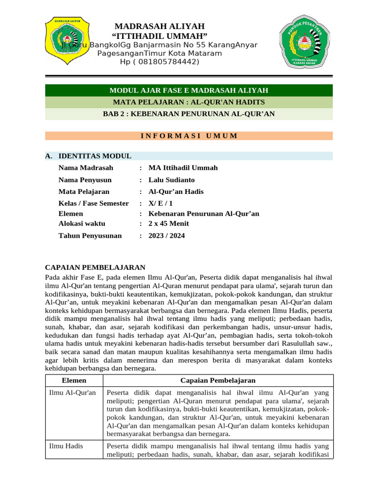 Modul Qurdis 10 Bab 2 - Kebenaran Penurunan Al-Qur'an | PDF