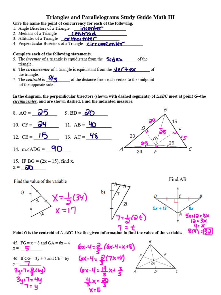 Triangles and Parallelograms Study Guide Math III | PDF