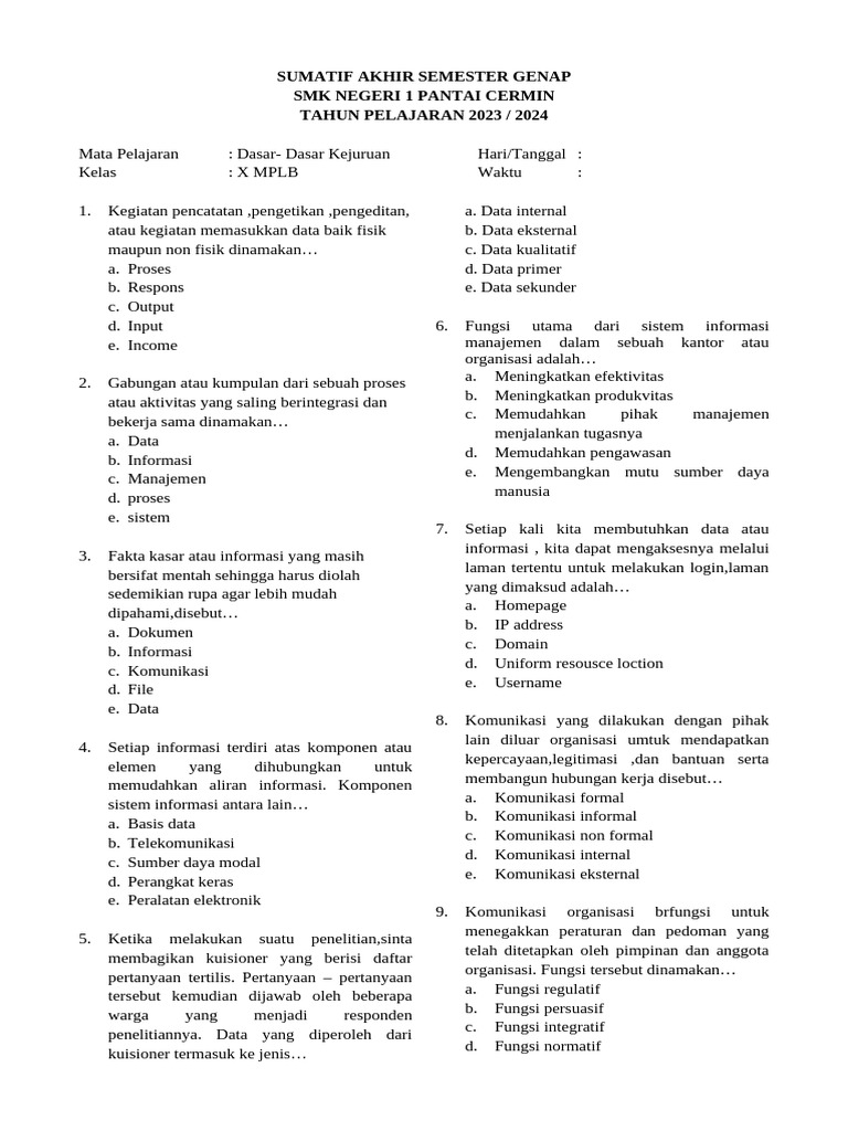 Soal Sas DDK X MPLB 1 (Mu) | PDF