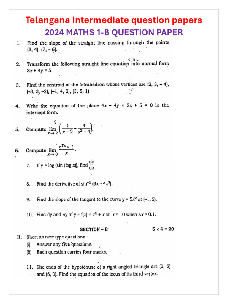 2017-2024 Maths 1b Ts Board Previous Papers. | PDF