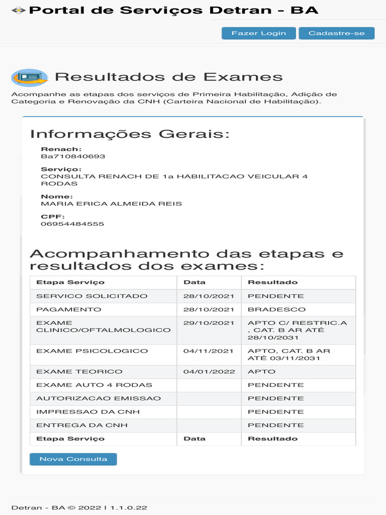 DETRANBA - Consulta Resultados de Exames | PDF