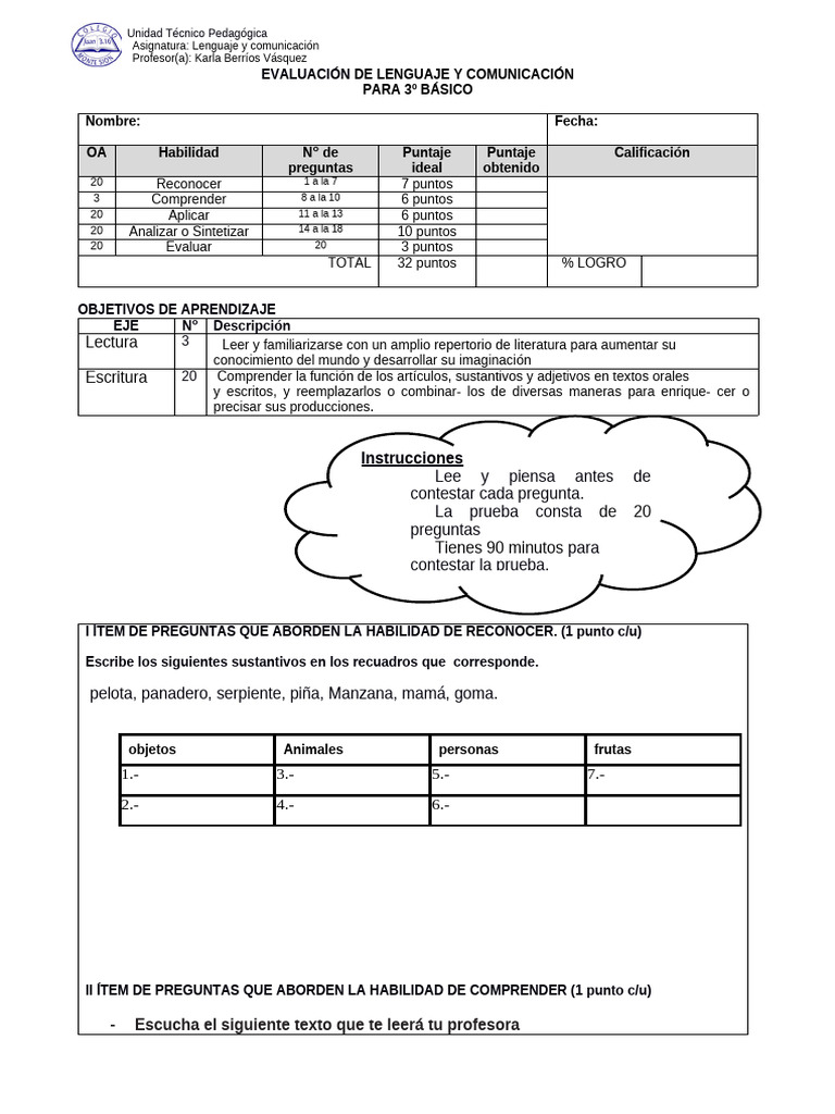 EVALUACIÓN SUMATIVA LENGUAJE 3 BASICO | PDF