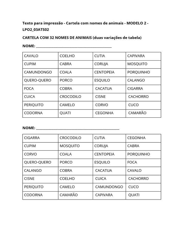 Atividade para Impressao Cartela Com Nomes de Animais Modelo 2 Lpo2 ...