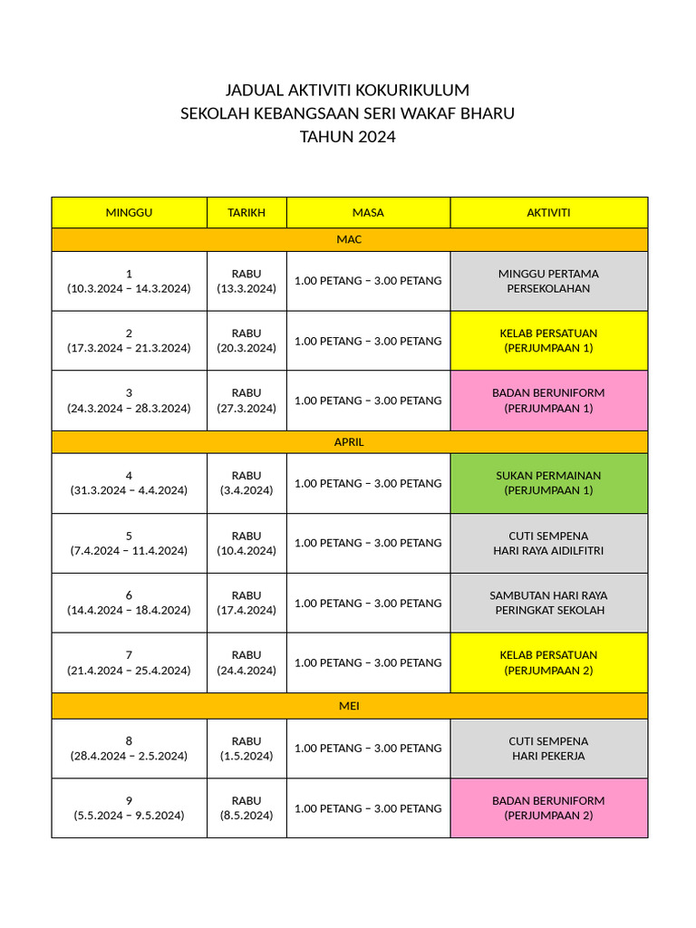 Jadual Aktiviti Kokurikulum | PDF
